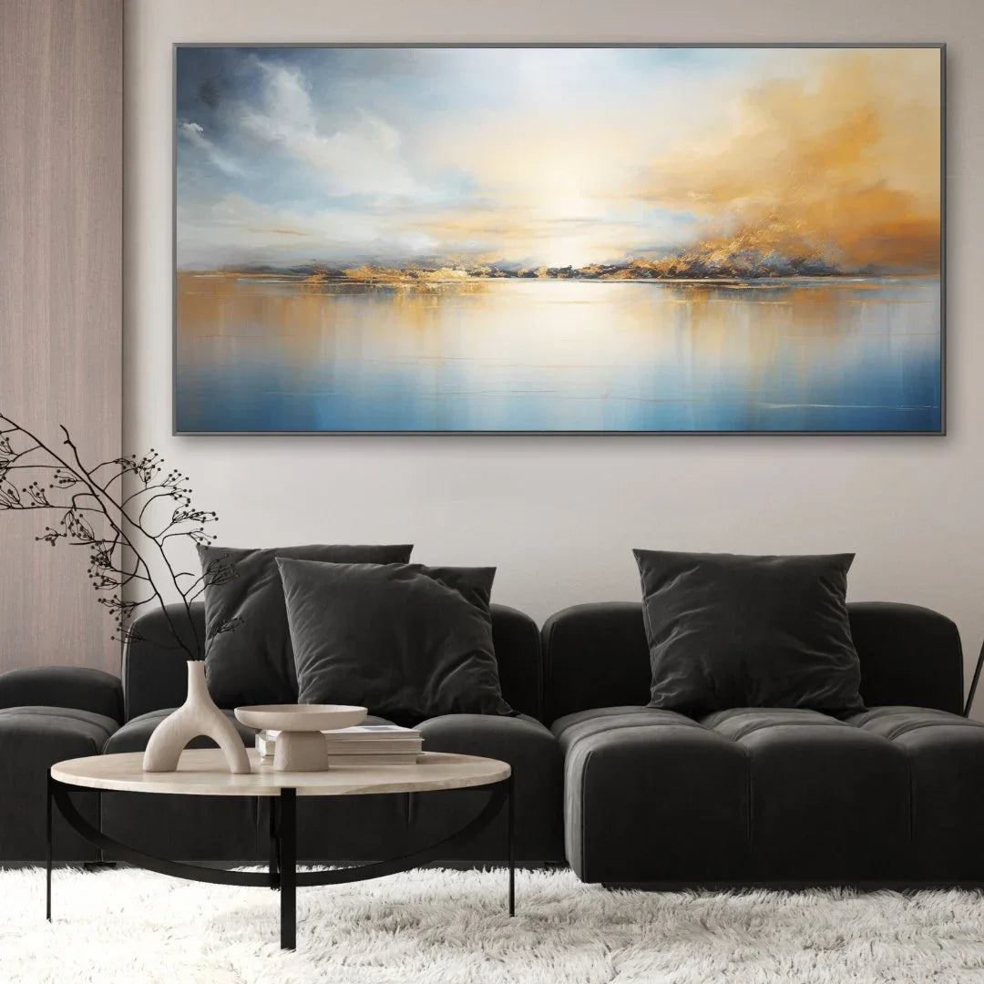 Framework Print on canvas - Sea Art, Sunset, Blue, Gold, Figurative ...